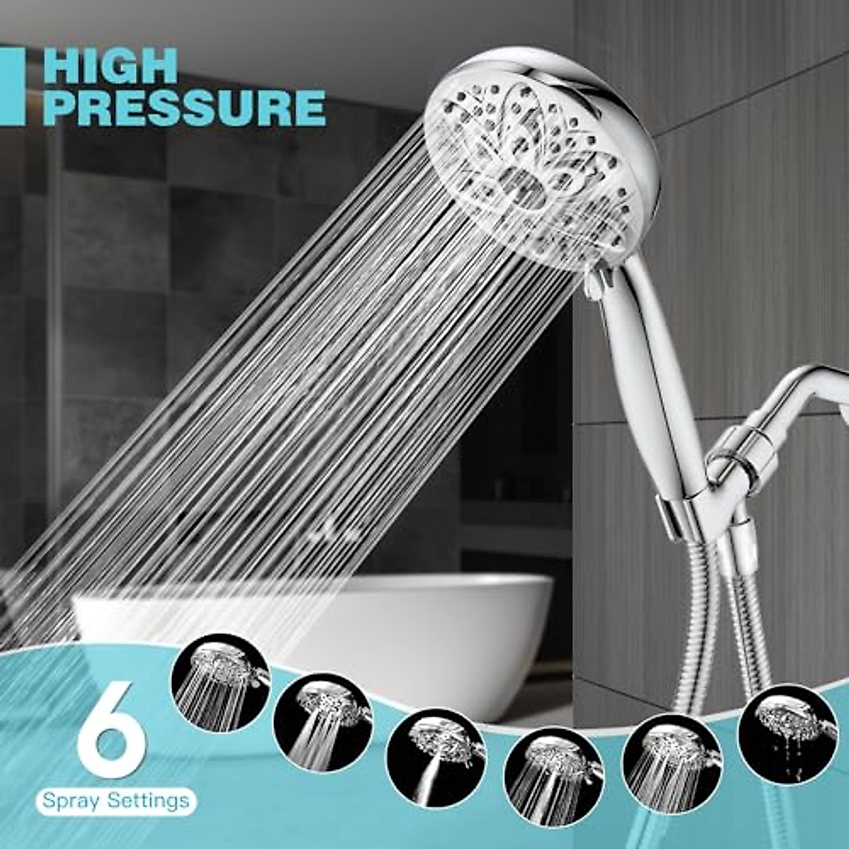 JDO Shower Head with Handheld, High Pressure Handheld Shower Head 6 Settings, Detachable Shower Head Set with Stainless Steel Hose and Shower Bracket (Chrome)
