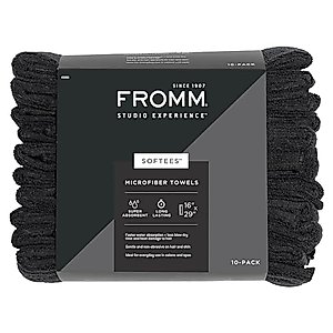 Fromm Softees Microfiber Salon Hair Towels for Hairstylists, Barbers, Spa, Gym in Black, 16" by 29", 10 count Perfect Hair Care Towel for Drying Curly, Long, Wavy Hair