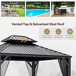 Tangkula 12ft x 10ft Hardtop Gazebo, 2-Tier Outdoor Gazebo w/Double Vented Roof & Central Hook, Galvanized Steel Frame Patio Sun Shelter for Lawn Backyard Poolside Deck (Grey)