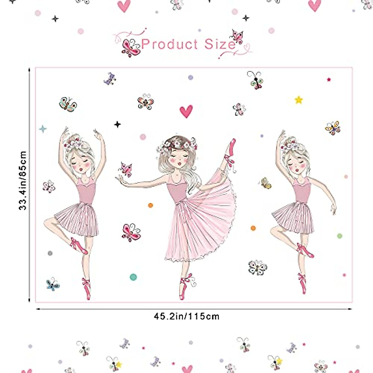 3 Pink Ballerina Baby Girls Wall Stickers, ULENDIS Removable Lovely Ballet Girls with Butterfly Wall Decals, Little Princess Wall Art Decor for Girls Bedroom Living Room Dance Room