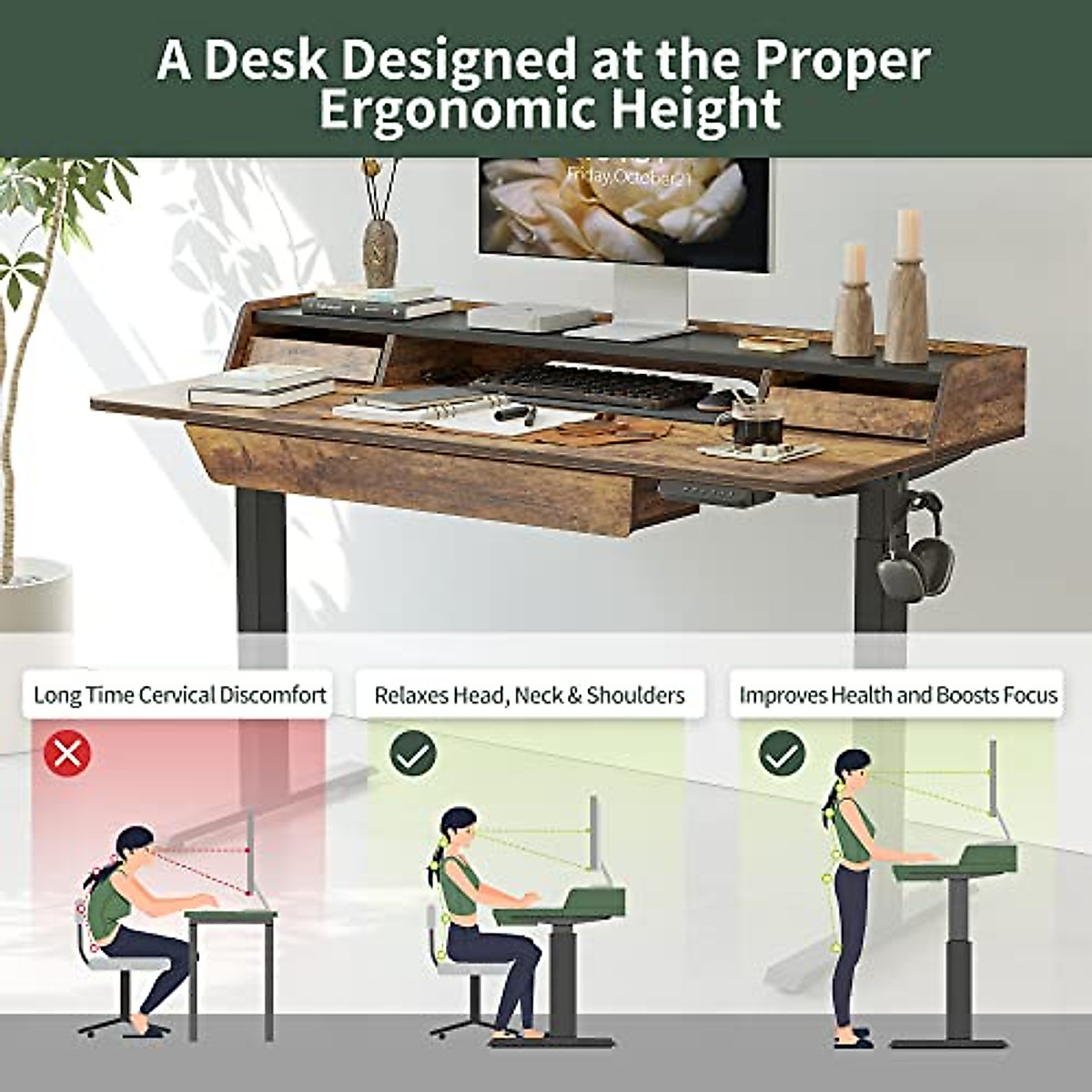 FEZIBO Electric Standing Desk, 55 x 24 Inches Height Adjustable Table, Ergonomic Home Office Furniture with 3 Drawers, Black Frame/Rustic Brown Top
