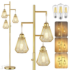 QiMH Industrial Floor Lamp for Living Room,LED Farmhouse Standing Lamp with 3 Birdcage Hanging Shade, Dimmable Tall Lamp Rustic Home Decor for Bedroom Office, Black (Bulbs Included)