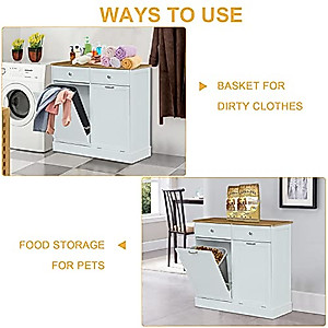 J-SUN-7 Double Tilt Out Trash Cabinet - Wooden Free Standing Kitchen Trash Can with 2 Hideaway Drawers, Multifunctional Trash Can Cabinet with Removable Cutting Board, White