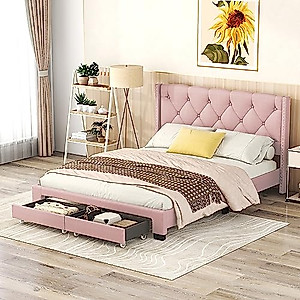 Livavege Upholstered Bed Frame Queen Size with 2 Storage Drawers and Button Tufted Headboard, Modern Queen Platform Bed with Wooden Slats Support, Bedframe No Box Spring Needed, Pink