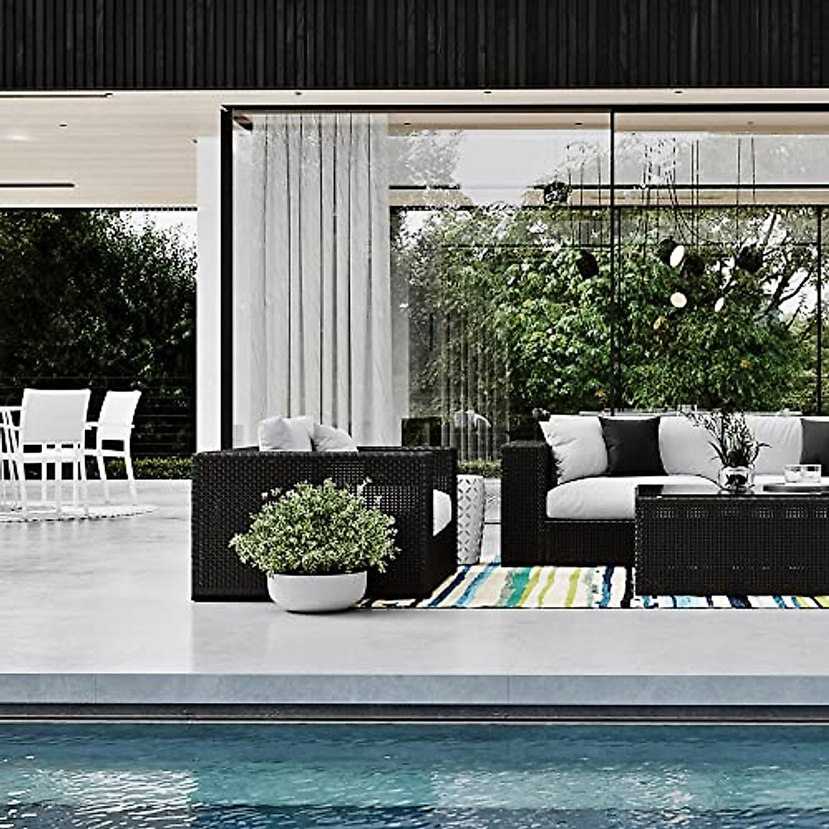 Zuri Furniture Modern Marquesa Outdoor Black Wicker Armchair with Quick Drying Cushions in White