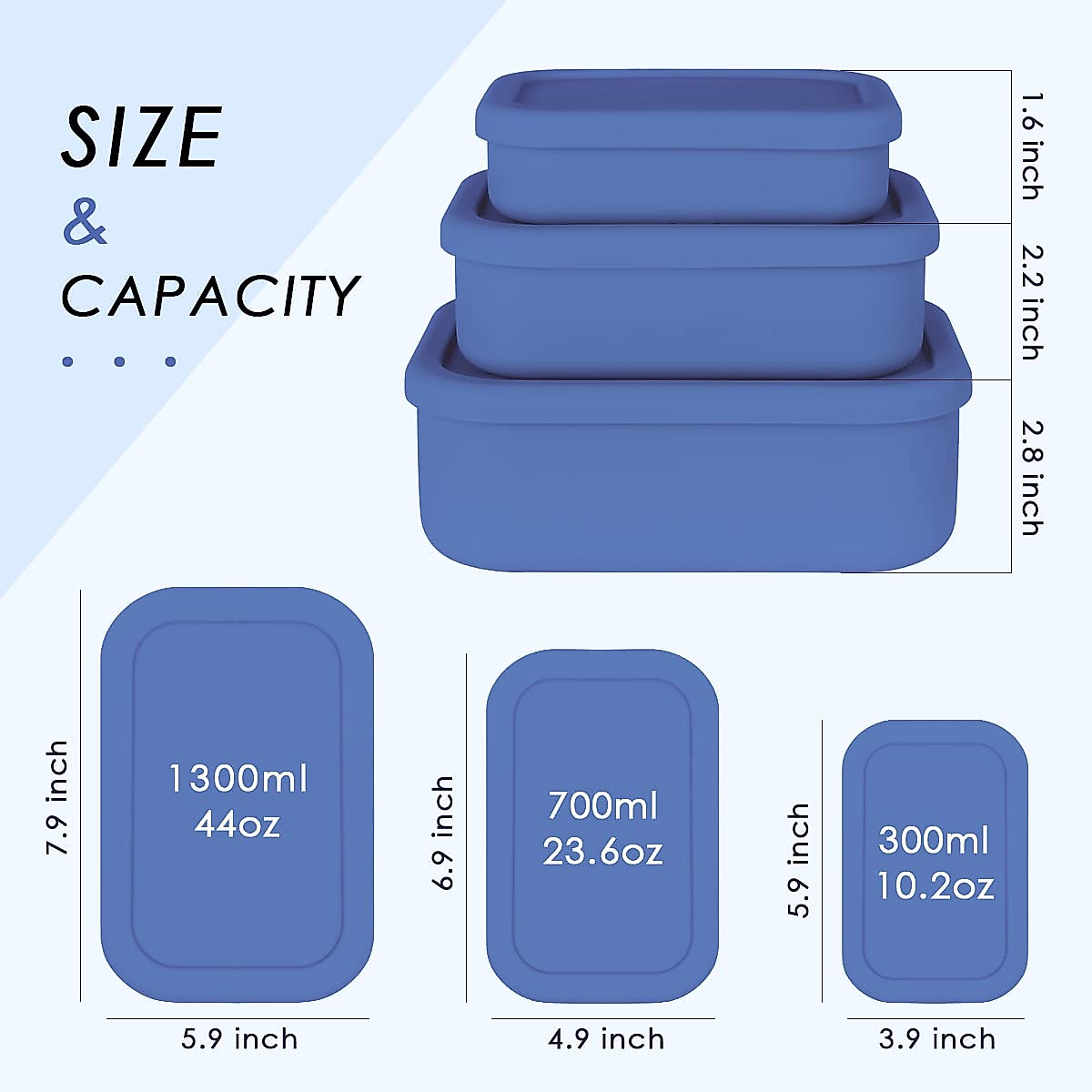 Keweis Silicone Food Storage Containers, Set of 3 Silicone Bento Lunch Box Containers with Lids, Hard-Shell Silicone, Airtight, Microwave, Dishwasher and Freezer Safe (10oz, 23.6oz, 44oz)