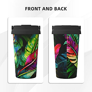 Insulated Coffee Mug Colorful Tropical Leaf 17oz Double Wall Vacuum Stainless Steel Tumbler With Leak-Proof Lid And Handle, Cute Travel Thermos Mug For Cold Hot Drinks