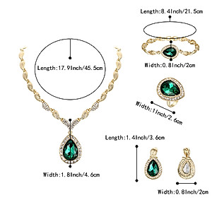 BriLove Womens Africa 18k Gold Plated Jewelry Set Crystal Petals Teardrop Cluster Bib Statement Necklace Bracelet Earrings Ring for Prom Emerald Color Gold-Toned