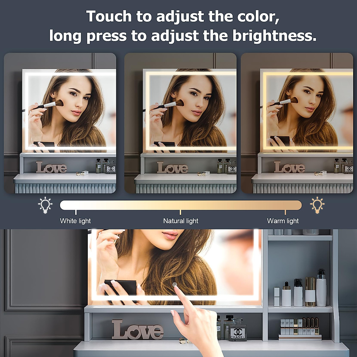 Dripex Makeup Vanity Desk with Mirror and Lights Bedroom Dressing Table, Makeup Table with Drawer, Cabinet, Adjustable LED Lights -White