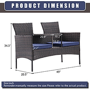Outdoor Loveseat Set Patio Conversation Furniture Set with Removable Cushions & Table, Tempered Glass Top, Rattan Sofa Set for Garden Lawn Backyard (Brown-Blue)