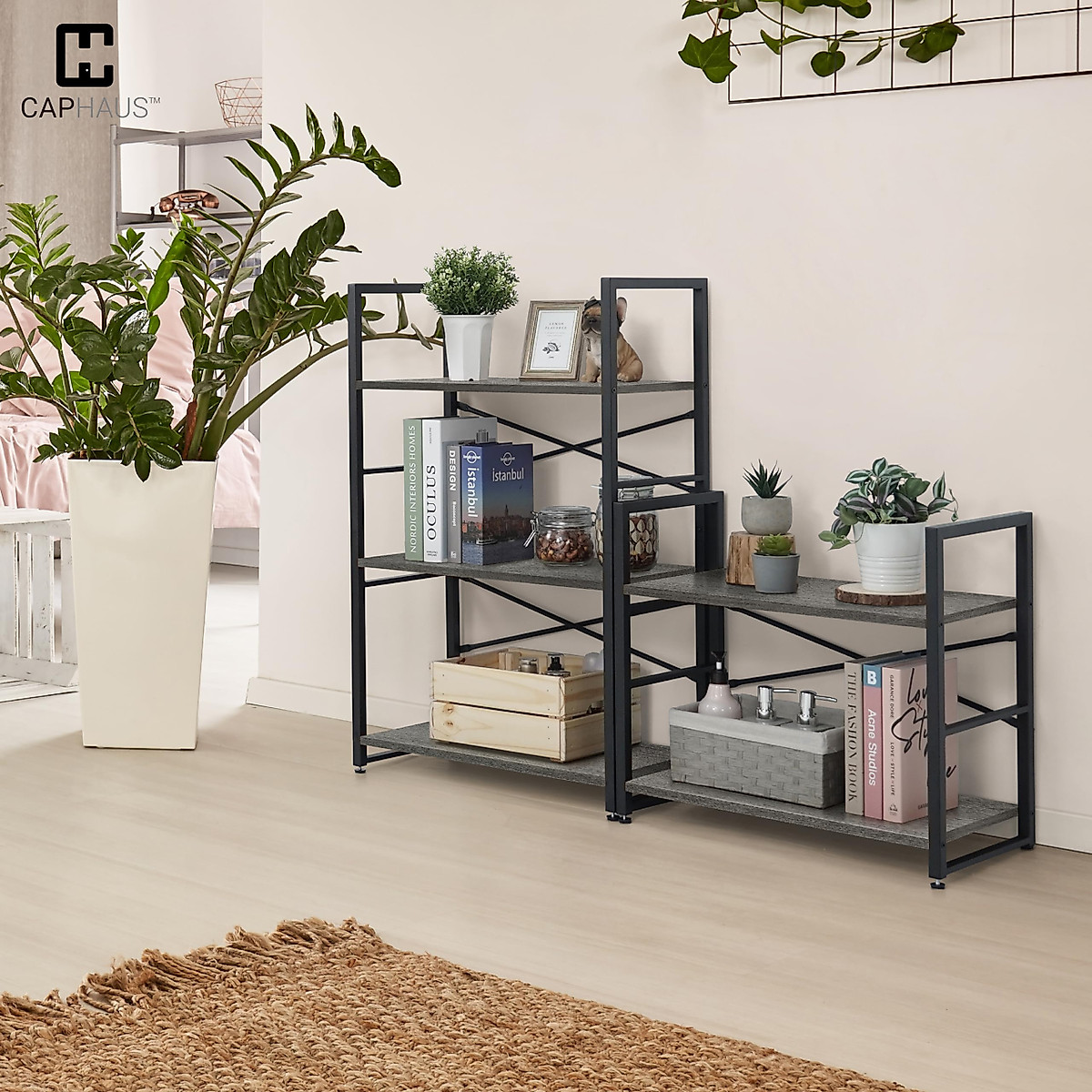 CAPHAUS 2 Tier Small Bookshelf, 24 Inch Width Free Standing Shelf, Bookcase Shelf Storage Organizer, Industrial Book Shelves for Home Office, Living Room, Dark Grey Shelves & Metal Frame