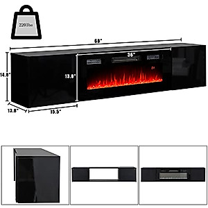 AMERLIFE Floating TV Stand with 36" Electric Fireplace, High Gloss Finish Wall Mounted Fireplace Entertainment Center with Storage for TVs Up to 78", Black