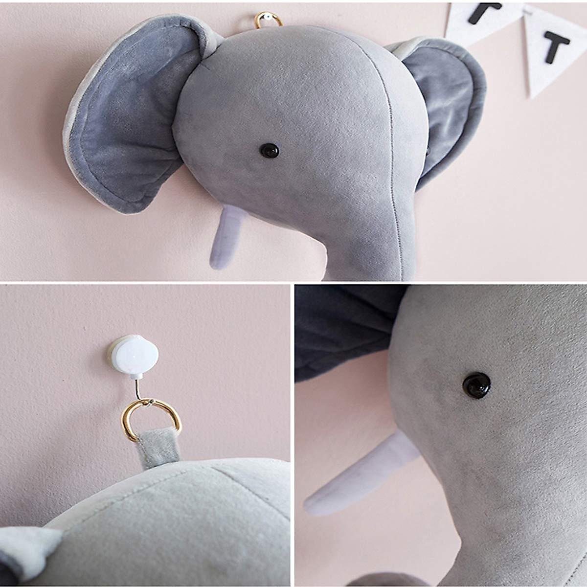 Yinuoday Wall Decor, Animal Head Wall Hanging for Baby Nursery Decor Elephant/Deer Head/Rabbit Stuffed Toys Gifts for Kids Bedroom or Playroom