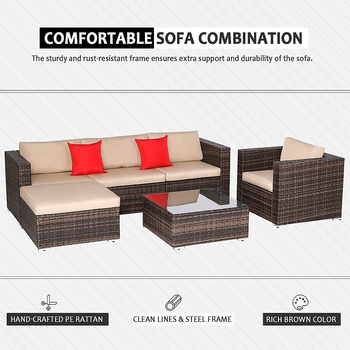 Incbruce 6 Piece Outdoor Patio Sofa Set, PE Rattan Wicker Patio Furniture Set All-Weather Patio Conversation Set with Glass Table and Removable Cushions (Brown)