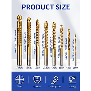 Rocaris 8 Pack Titanium Coated HSS Twist Drill Bits, 3-10mm Serrated Side Cutting Drill Bit Woodworking Tools for Plastic Metal Wood Hole