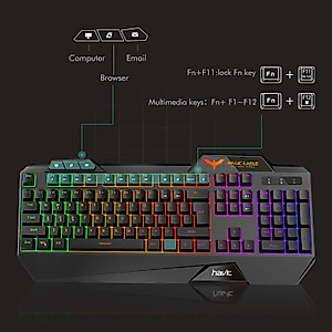 HAVIT Rainbow Backlit Wired Gaming Keyboard 104 Keys LED USB Ergonomic Wrist Rest Keyboard for Windows PC Gamer Desktop, Computer (Black) (Renewed)