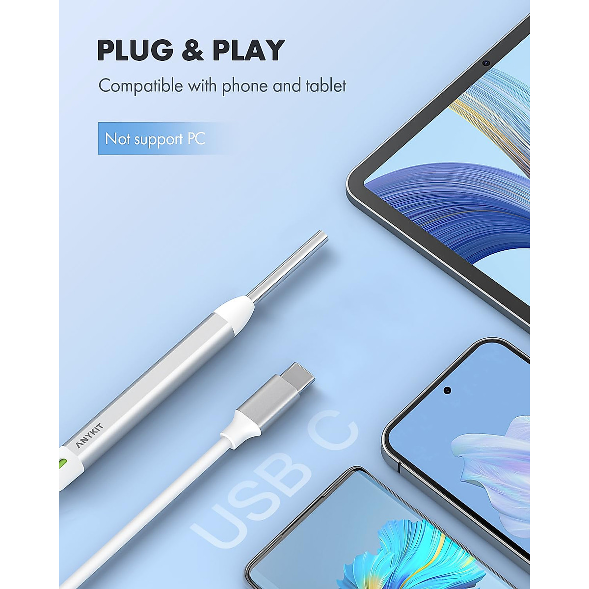 Anykit 3.9 mm Visual Digital Otoscope with 6 LED Lights and Earwax Removal Tool for Adults & Children, Compatible with iPhone & Android