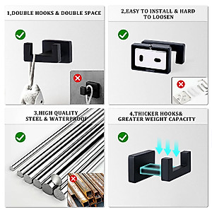 4 Pack Bath Double Towel Hook, 304 Stainless Steel Square Matte Black Coat & Robe Hook, Wall Mounted Heavy Duty and Rustproof Double Coat Hook for Robe, Bath Towel, Coat