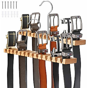 Belt Hanger for Closet, 2 in 1 Wooden Wall Mount 14 Belt Organizer w/Through-The-Wall Nails, Belt Rack w/ 360° Swivel Hook, Tie and Belt Organizer Display for Closet, Door, Wall, 1 Pack, Natrual