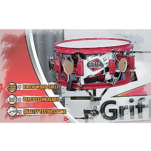 GRIFFIN Snare Drum Birch Wood Shell 14 X 6.5 Inch | Oversize 2.5" Large Vents & Custom Graphic Wrap (Limited Edition) | Red Hardware & Marching Drummers Key for Students & Pros | 8 Metal Tuning Lugs