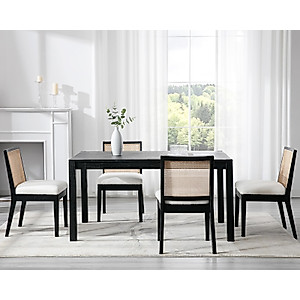 Farmhouse Rattan Dining Chairs Set of 4, Mid Century Modern Sherpa Boucle Kitchen & Dining Room Chairs, Upholstered Black Cane Dining Chair Kitchen Chairs Side Chairs with Black Hardwood Frame, White