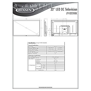 Jensen JTV3220DC 32" Inch Full HD 1366 x 768 LED Television with Integrated HDTV ATSC Tuner HD Ready 1080p, 720p, 480p, 2x HDMI Inputs, JCOM & CEC Function, VESA 100mm x 100mm Mounting Pattern, 12V DC