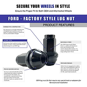 Wheel Accessories Parts Set of 24 Black 14x2 Factory Style Lug Nuts Cone Seat fits Ford F150, Expedition, Lincoln Part # 4L3Z-1012-A 7L1Z-1012-A 611-288 OEM Style Wheel Lug Nut (24, M14x2.0, Black)