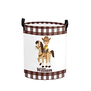 Personalized Laundry Basket Hamper,Cowboy Brown Plaid,Collapsible Storage Baskets with Handles for Kids Room,Clothes, Nursery Decor