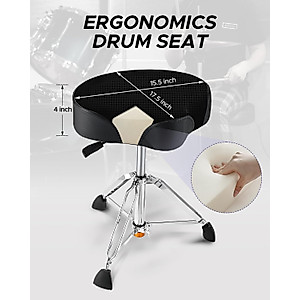 Starfavor Drum Throne Airlift Height Adjustable Padded Seat Drum Stool, Heavy Duty Hydraulic Drum Throne Seat Motocycle Style, with Double Braced Anti-Slip Feet Saddle Drum Seat, ST-700