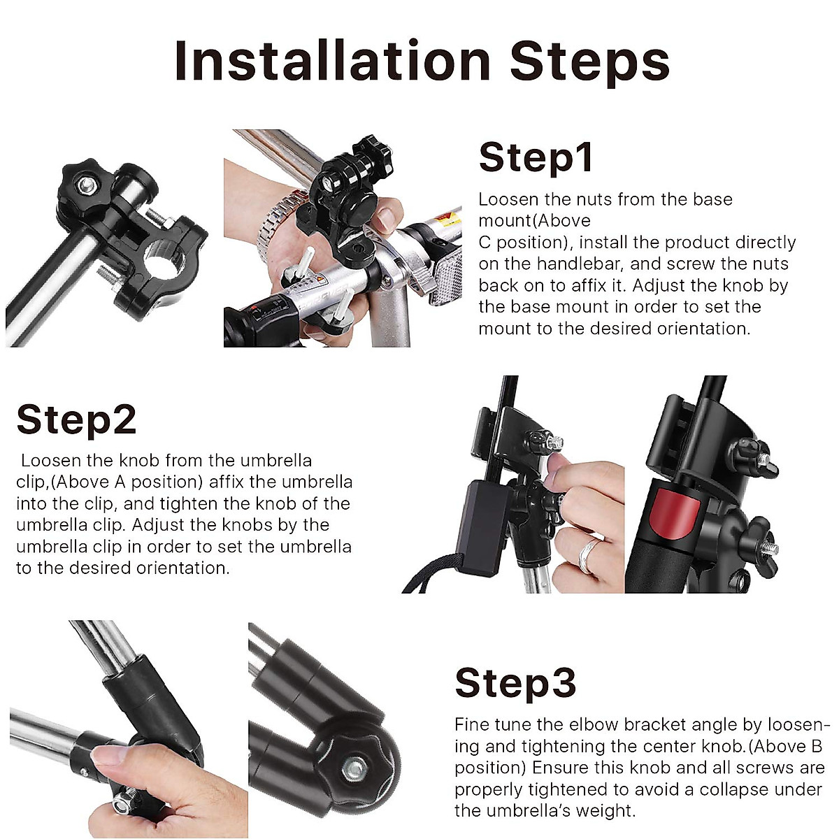 Flexzion Bicycle Umbrella Mount Holder, Swivel Connector Handlebar Frame Stand, Adjustable 2 Section Tube Handle, Outdoor Sports Accessories for 0.67~0.9 inch Handlebar Bike Baby Stroller Wheelchair