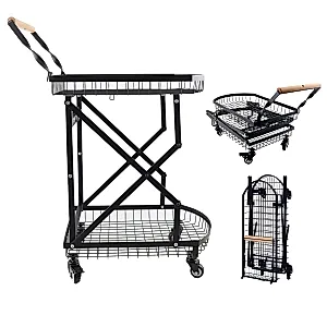 CYJZWOH Multi Use Functional Collapsible Carts, 2-Tier Metal Mobile Folding Trolley Shopping Cart, with Wooden Handle, Lockable Wheels for Office, Living Room, Kitchen, Picnic(Black)