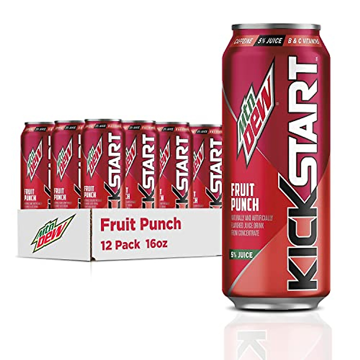 Mountain Dew Kickstart, Fruit Punch, 92mg Caffeine, Vitamins B & C, 80 Calories, 5% Juice, 16 fl oz (12 Count)