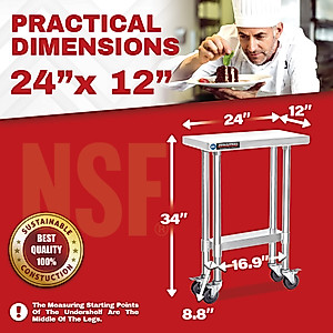 DuraSteel 24x12 Prep Stainless Steel Table - Metal Cart with Adjustable Shelf - NSF Certified Worktable with Wheels - Kitchen, Laundry, Restaurant, Home, Commercial Use