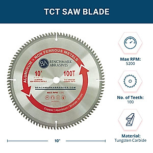 Benchmark Abrasives 10" TCT Saw Blade with 5/8" Arbor, Circular Saw Blades for Cutting Plastic Aluminum Non-Ferrous Metals Fiberglass, Smooth Cutting ‎(10" - 100 Teeth)