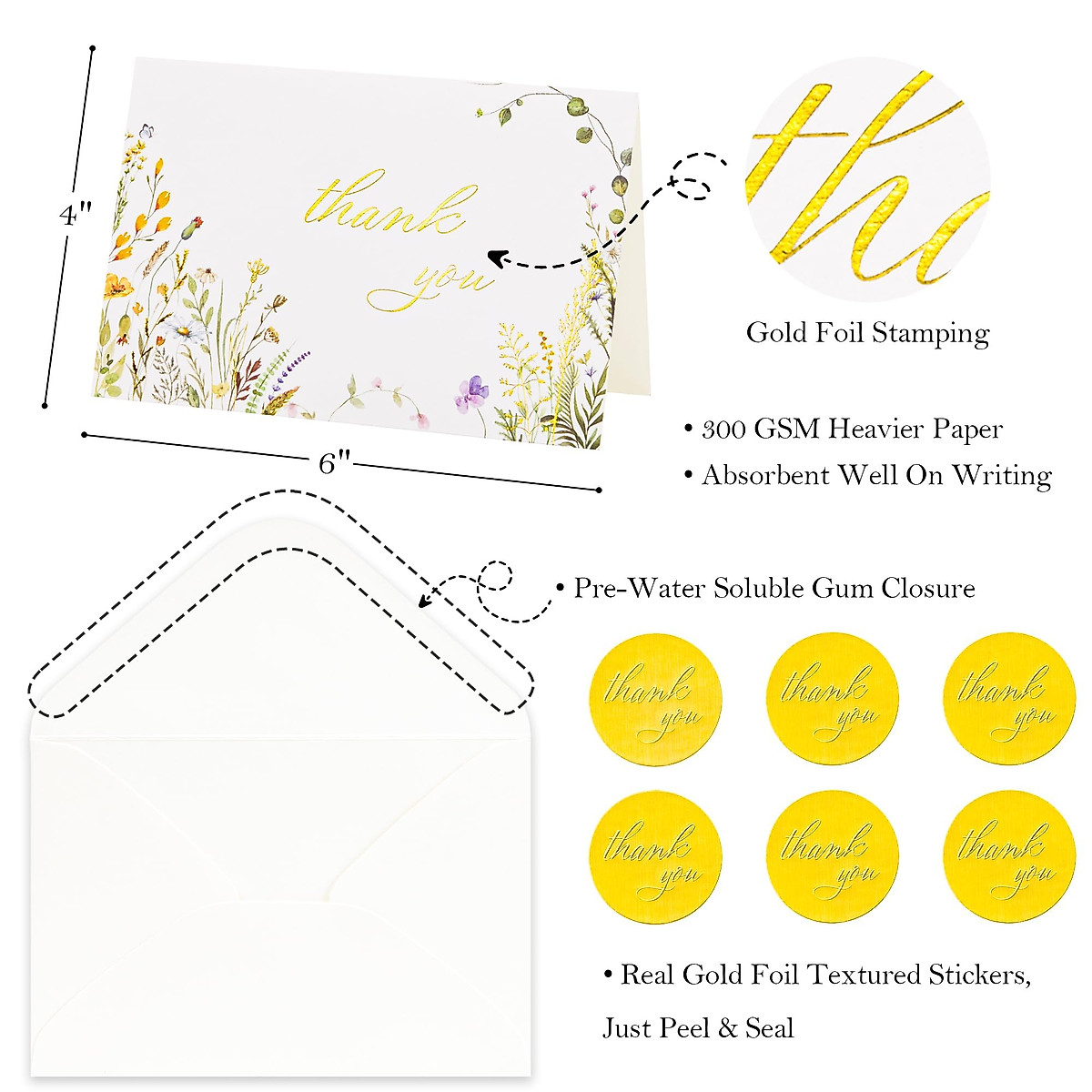 Crisky 4 Assorted Gold Foil Thank You Cards, Watercolor WildFlowers (50 Cards with Envelopes for Birthday, Baby Shower, Bridal Shower, Wedding, All Occasion)