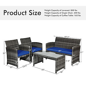 Toolsempire Outdoor Conversation Set, 4 Pieces Wicker Patio Furniture Set with Ergonomic Curved Design, Patio Chair Set with Water-resistant Cushion & Tempered Glass Table for Balcony,Porch(Navy Blue)