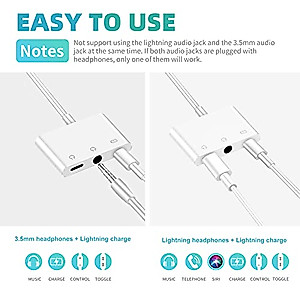 3.5mm Headphone Splitter for iPhone iPad 3 in 1 Earphone Jack Adapter with Fast Charging Lightning Audio Jack Connector Compatible for iPhone 14 13 12 11 X XR XS 8 7 iPad