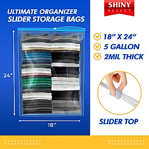 Shiny Select 5 Gallon Jumbo Slider Storage Bag, 18x24, 10 Bags – Resealable Extra Large Clear Plastic, 2 Mil Thick - Home Organization, Luggage, Travel, Kitchen Use, Baby Essentials, Seasonal Clothes