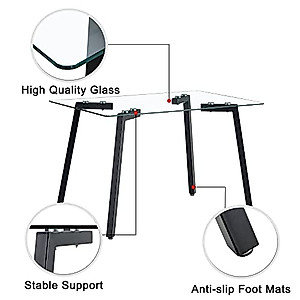Glass Dining Table for 4-6 with Clear Rectangular Glass Top, 51 inch Modern Tempered Glass Kitchen Table with 4 Coated Metal Legs, 0.31" Thick Tabletop for Home Office Kitchen Dining Room, Black