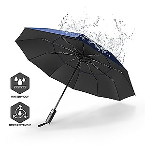 Umbrella Windproof Travel Umbrella,10-Ribs Wind Resistant Folding Umbrella,Lightweight, Compact, Portable, Automatic Umbrella,Anti-UV, Sun&Rain, Waterproof Umbrella,Backpack, Navy Blue, 42 Inch
