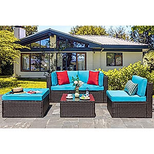 Vongrasig 5 Piece Patio Furniture Sets, All-Weather Brown PE Wicker Outdoor Couch Sectional Patio Set, Small Patio Conversation Set Garden Patio Sofa Set w/Ottoman, Glass Table, Blue