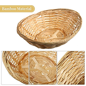 8 Pcs Empty Oval Bamboo Basket Food Storage Basket Fruit Basket Gift Baskets with 12 Pcs Colorful Pull Bow and 12 Pcs Clear Gift Bag for Fruit, Cookie, Bread, Kitchen, Restaurant, 9 x 7 x 3 inches