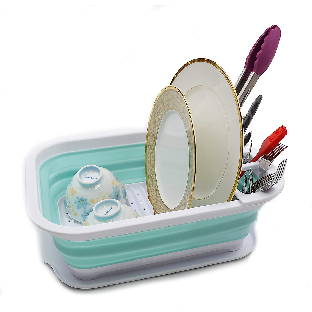 SAMMART 7.5L (2 Gallon) Collapsible Dish Drainer with Drainer Board - Foldable Drying Rack Set - Portable Dinnerware Organizer - Space Saving Kitchen Storage Tray (White/Lake Green, 1)