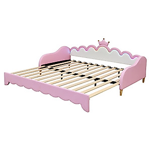 SOFTSEA Twin Upholstered Princess Daybed with LED Lights, Girls Princess Daybed with Extendable Trundle, Twin to King Faux Leather Daybed Frame with Crown Headboard for Kids Teens Audlts, Pink