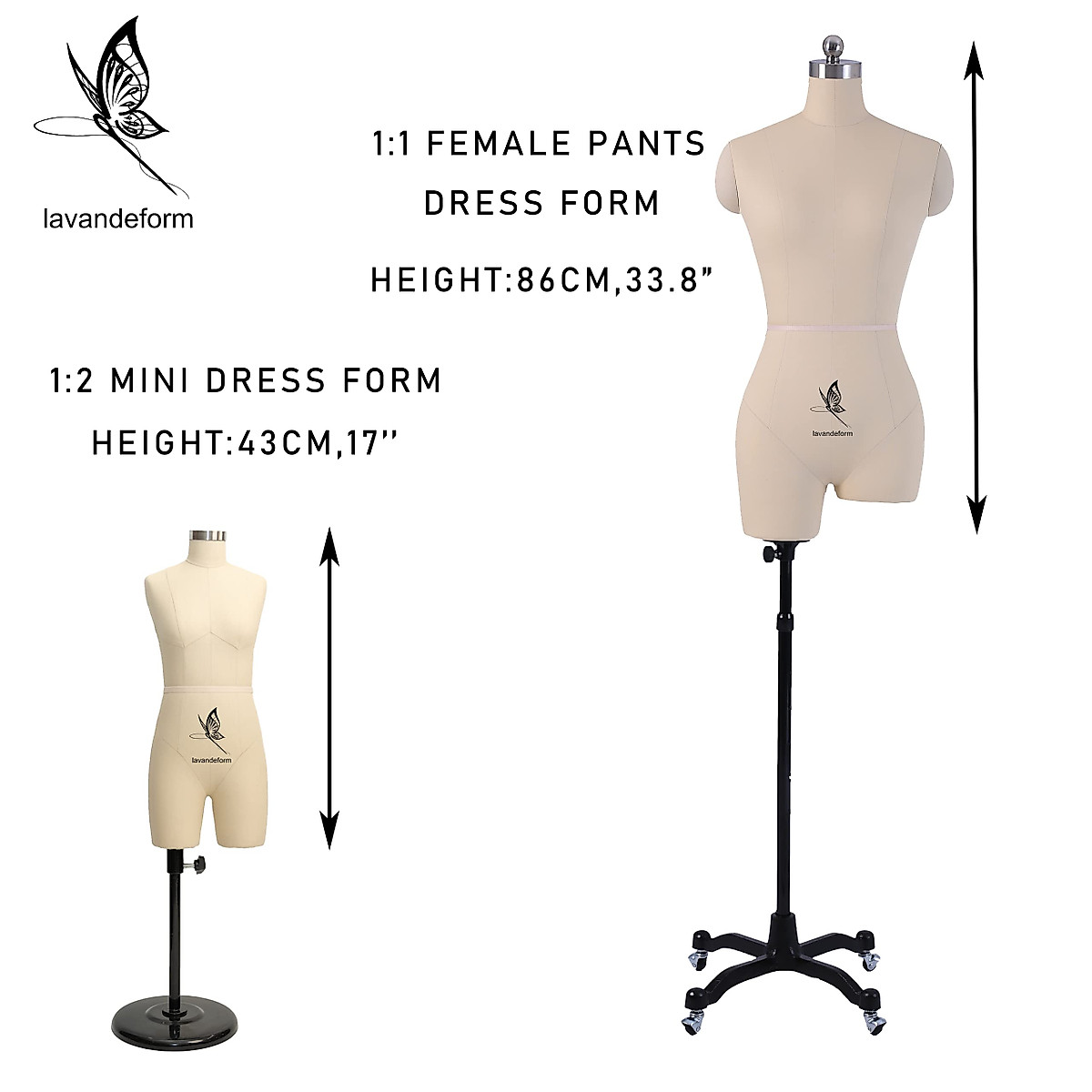 lavandeform Half Scale Dress Form（Not Adult Full Size ） 1:2 Miniature Sewing Mini Trouser Dress Form Straightly Into Body Inside, Fully Pinnable Dressmaker Dummy (Beige)