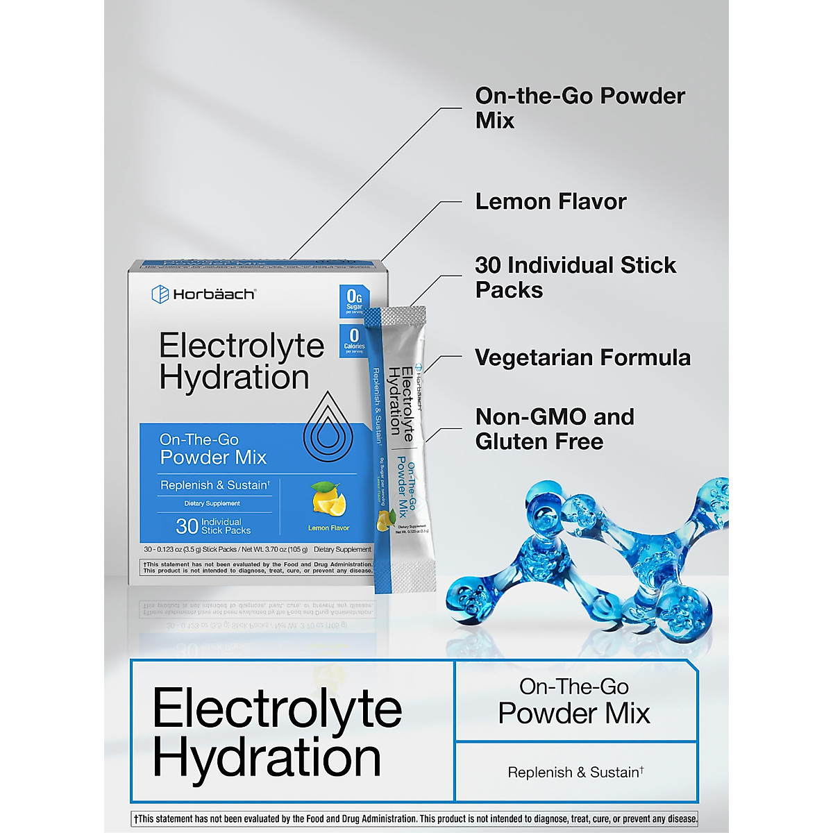 Horbäach Electrolyte Powder Packets | 30 Sticks | Lemon Flavor | On-The-Go Powder Mix | Vegetarian | Keto-Friendly | Non-GMO, Gluten Free Supplement