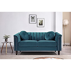 US Pride Furniture Modern Mid-Century Modern Velvet Sofa Chesterfield Inspired Luxury 2 Piece Set for Living Room with Removable Cushions and Turned Wood Legs, Loveseat, Couch, Blue Green