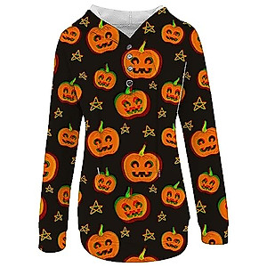 iHPH7 Women's Casual Hoodies Button Pullover Drawstring Long Sleeve Sweatshirts Halloween Ghost Print Pumpkin Pockets Blouses