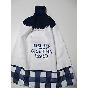Crocheted FULL Towel Fall Gather Here With Grateful Hearts Kitchen Towel with Soft Navy Yarn