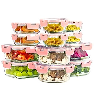 UMI UMIZILI 12 Pack Pink Glass Food Storage Containers with Lids, Airtight Meal Prep Lunch Containers with Snap Locking Lids Leakage-proof, Multi Sizes Glass Container Set for Any Occassions